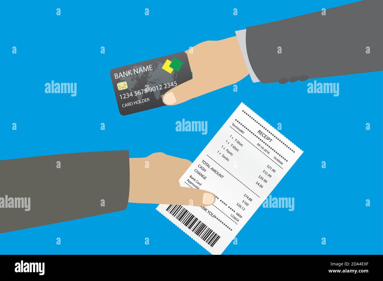 One hand give Receipt bill paper invoice and second hand holding Stock ...