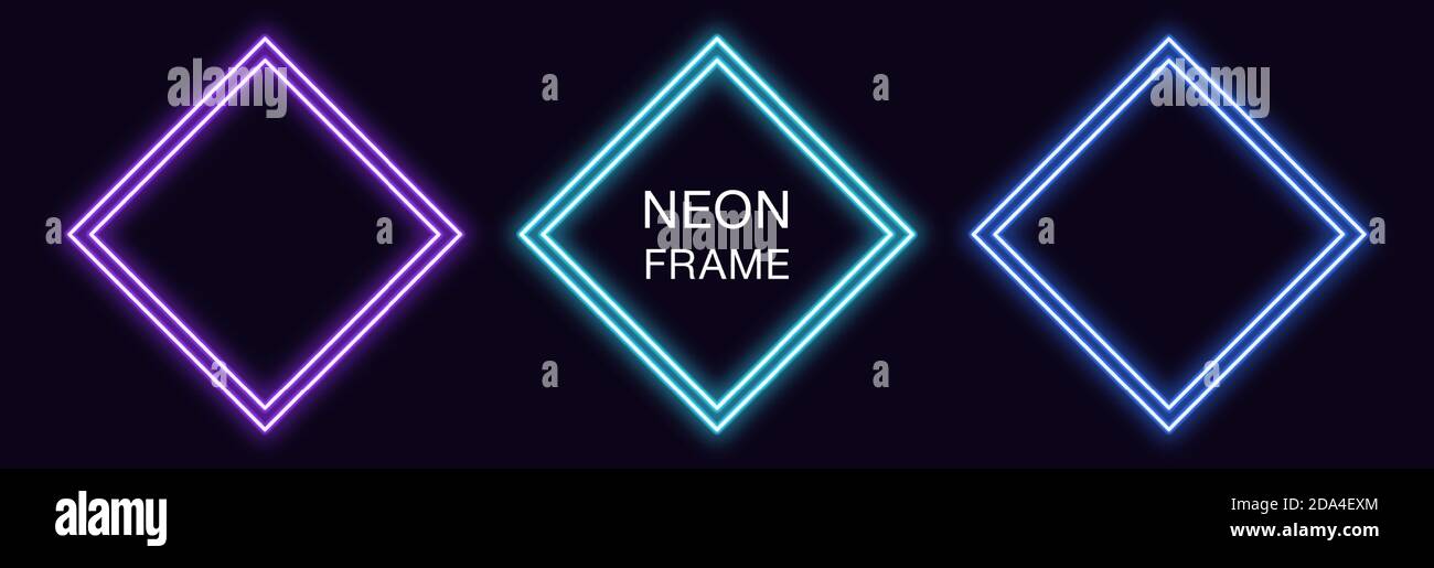 Neon rhomb Frame. Set of rhombus neon Border with double outline ...