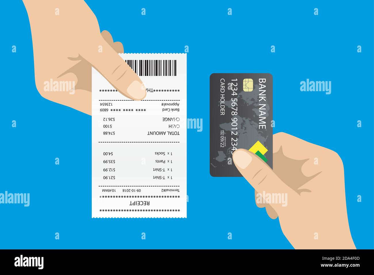 One hand give Receipt bill paper invoice and second hand holding Stock ...