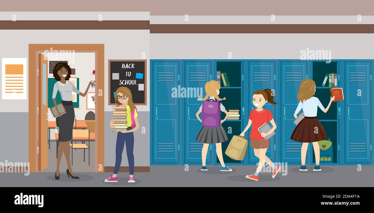 Cartoon Teacher and students in the school hall,school interior Stock ...