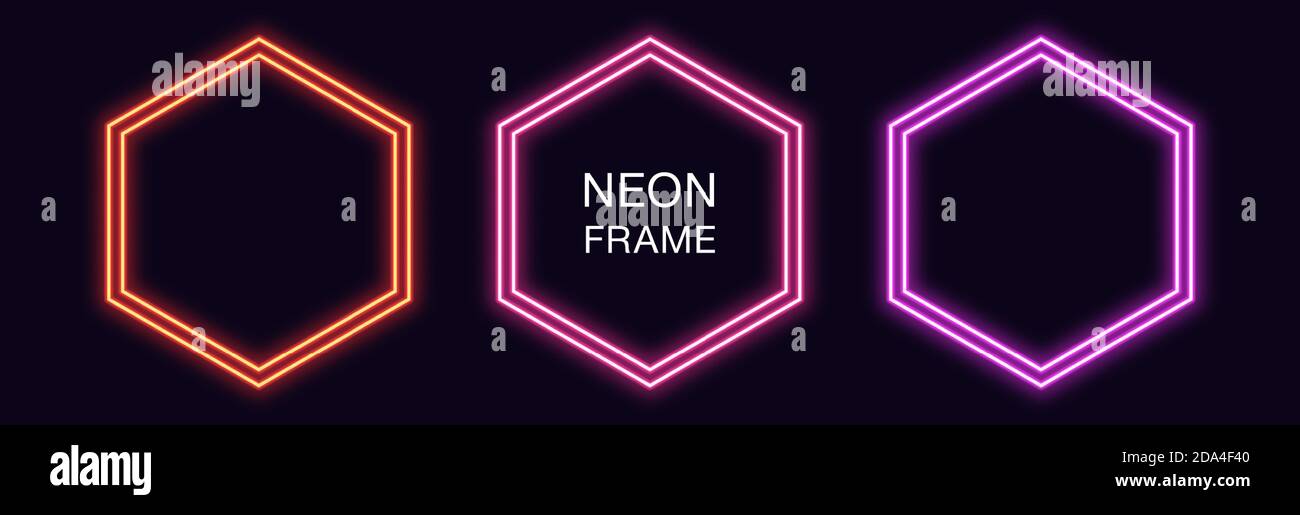 Neon hexagon Frame. Set of hexagonal neon Border with double outline ...