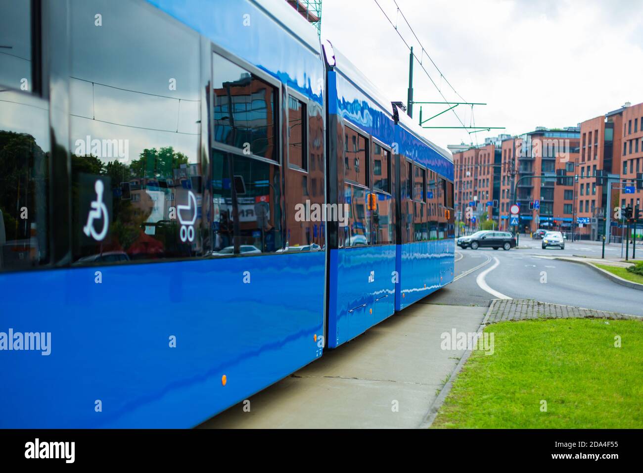 Modern electric transport. Tram with low polo and markings for disabled ...