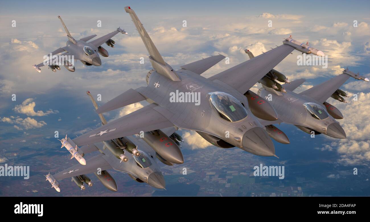 Lockheed Martin F-16 USAF flying in close formation Stock Photo - Alamy