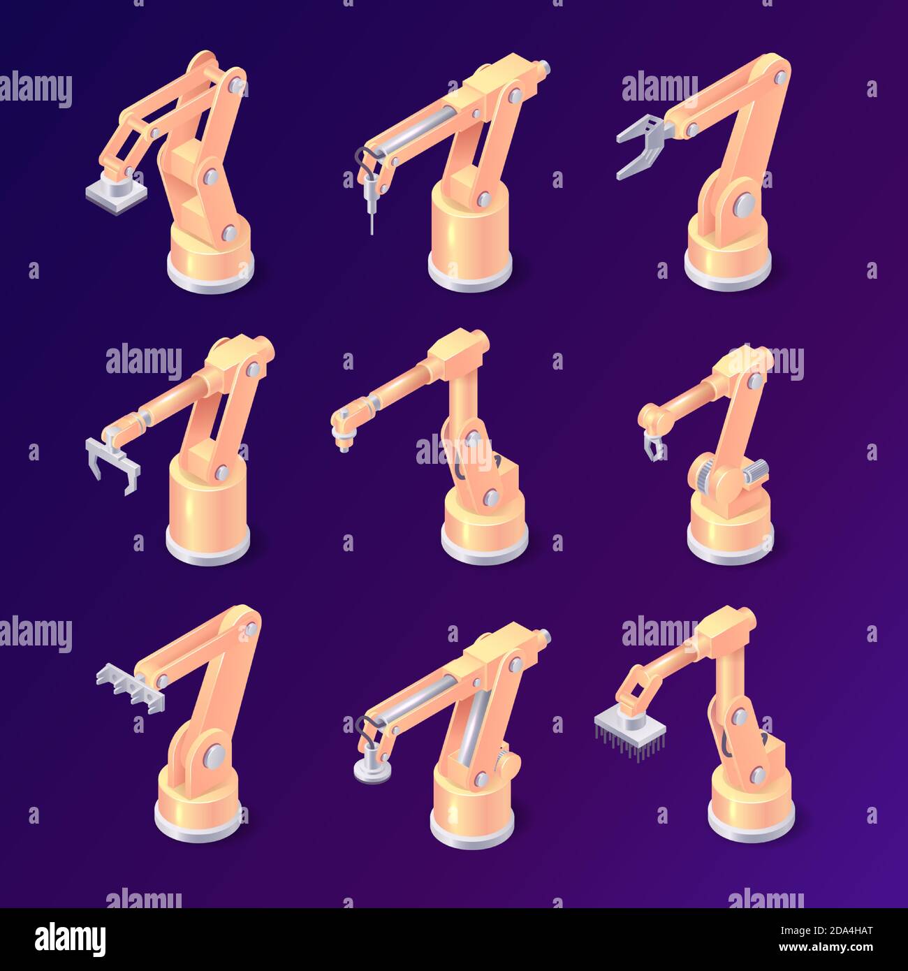 Isometric robot arms, factory machines or hydraulic robotic hands of various design and purposes ...