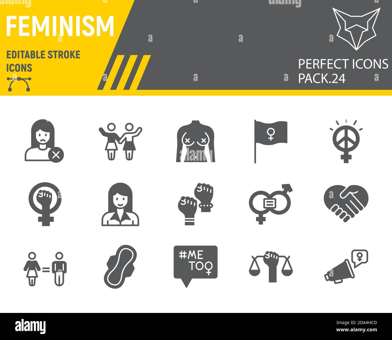 Feminism glyph icon set, gender equality collection, vector sketches ...