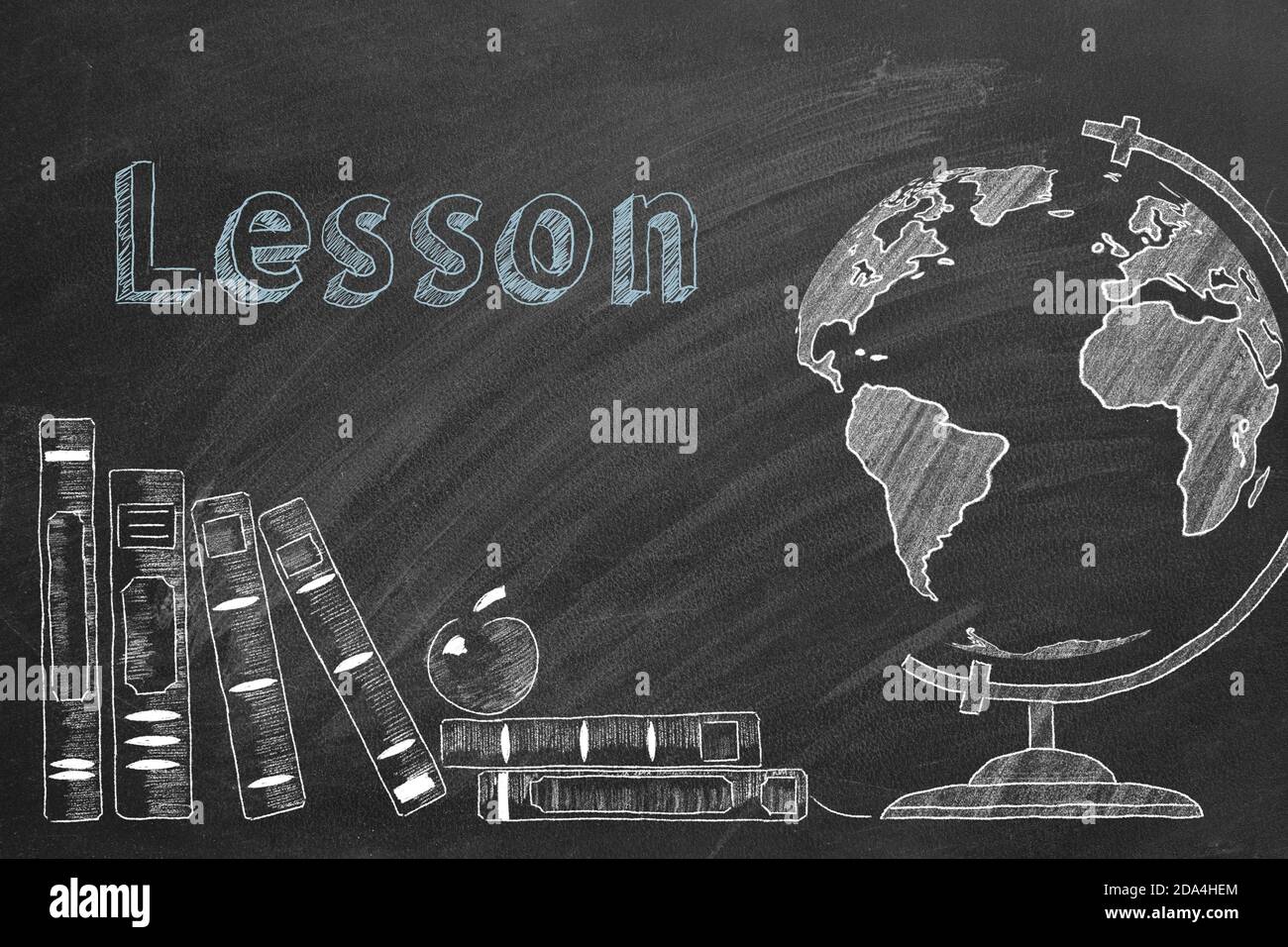 Lettering "Lesson", rotating globe and school books are drawn with ...