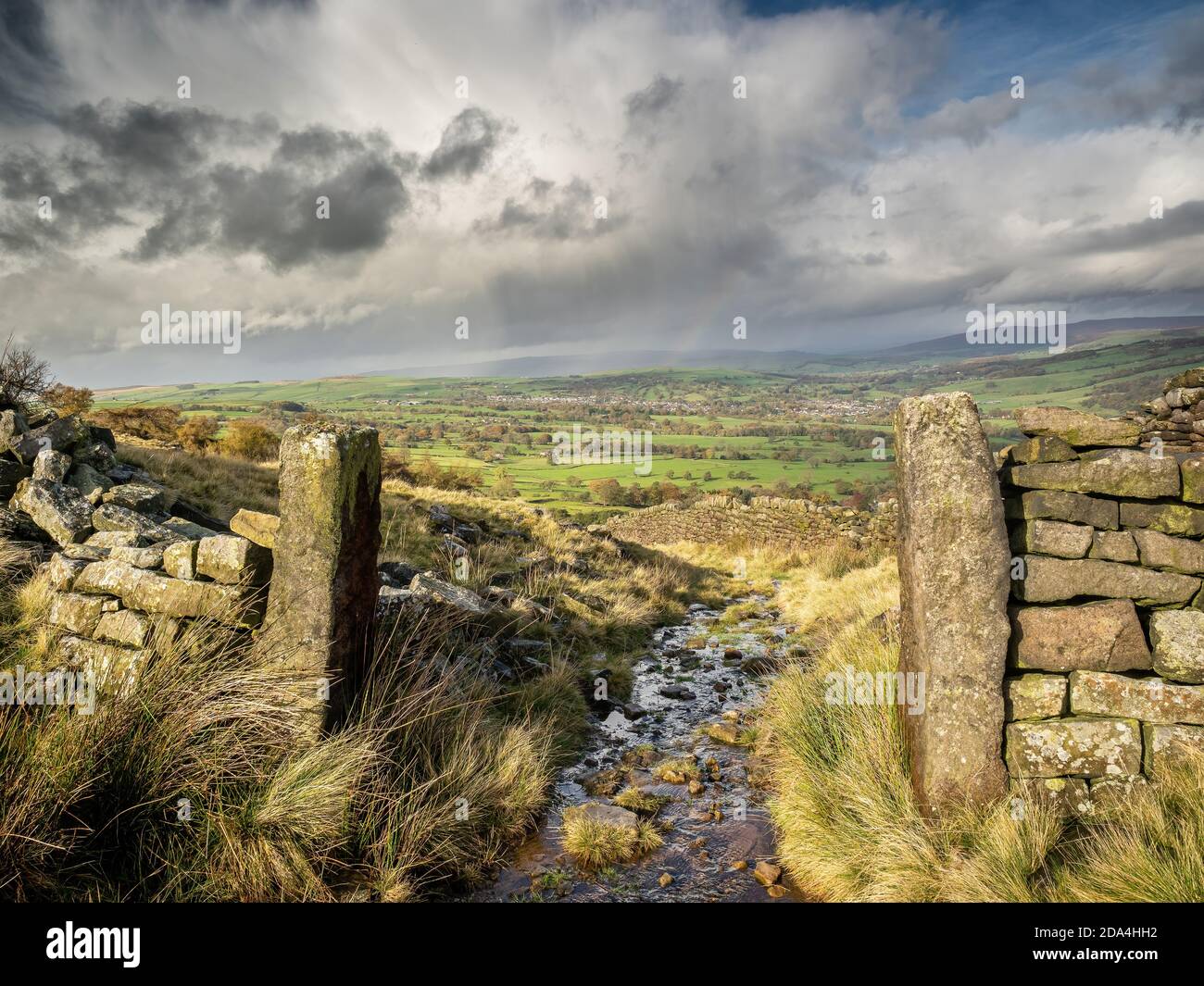 Dry stone walls with views across Wharfedale. Ilkley Moor. Yorkshire ...