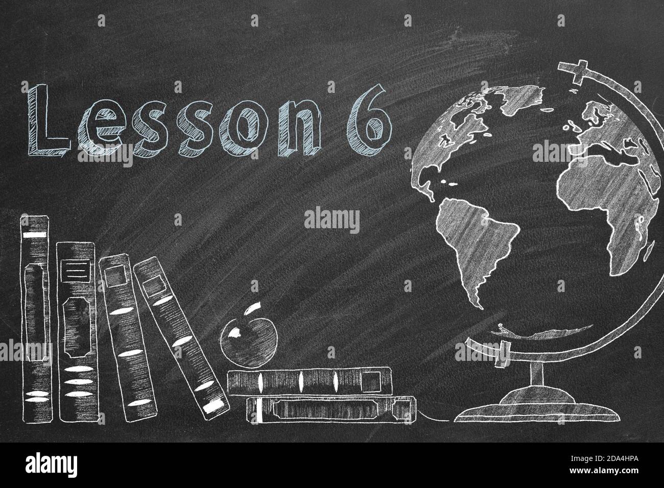 Lettering "Lesson 6", rotating globe and school books are drawn with ...