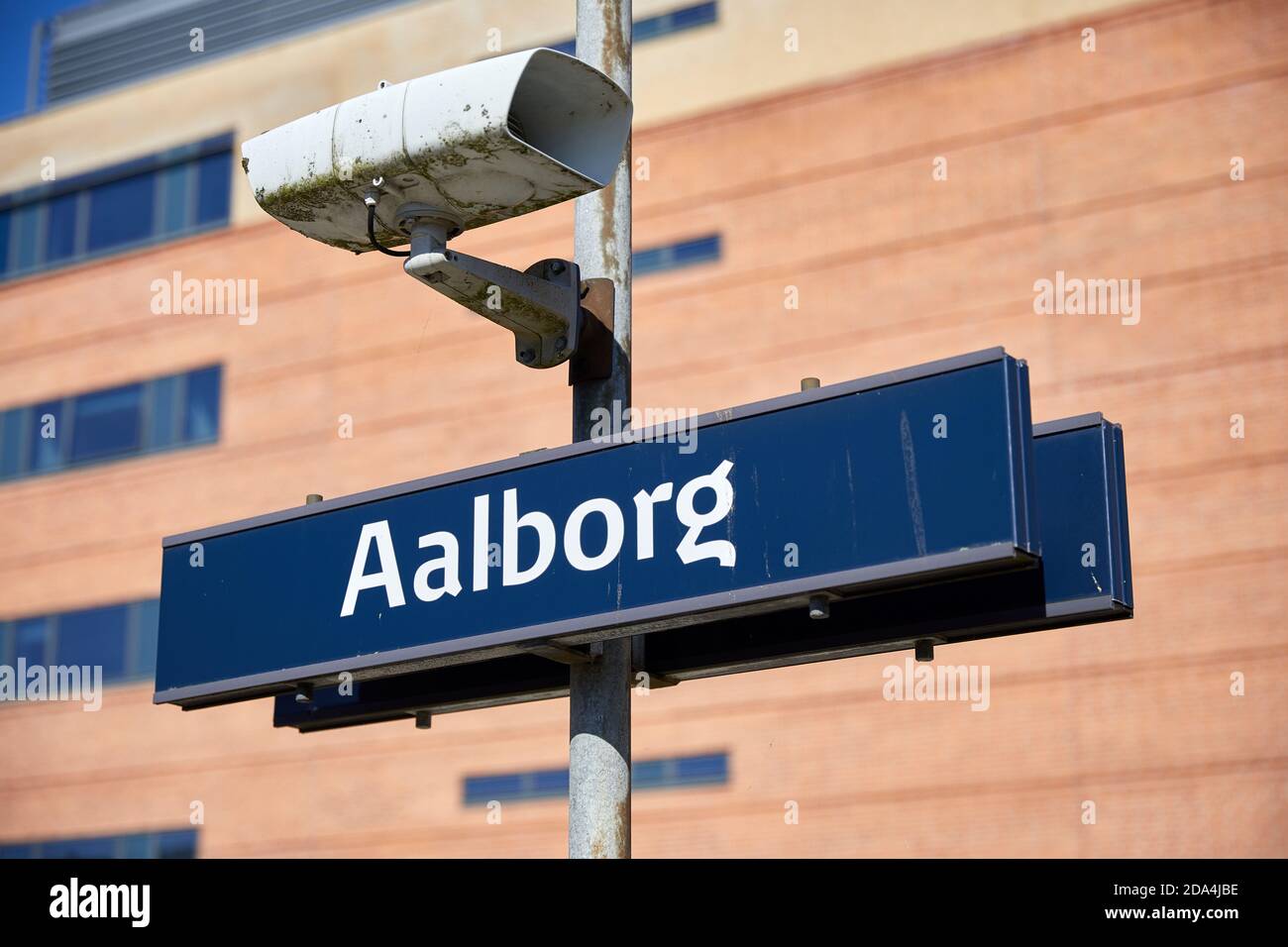 "Aalborg", sign on the train platform at Aalborg Station; Aalborg ...