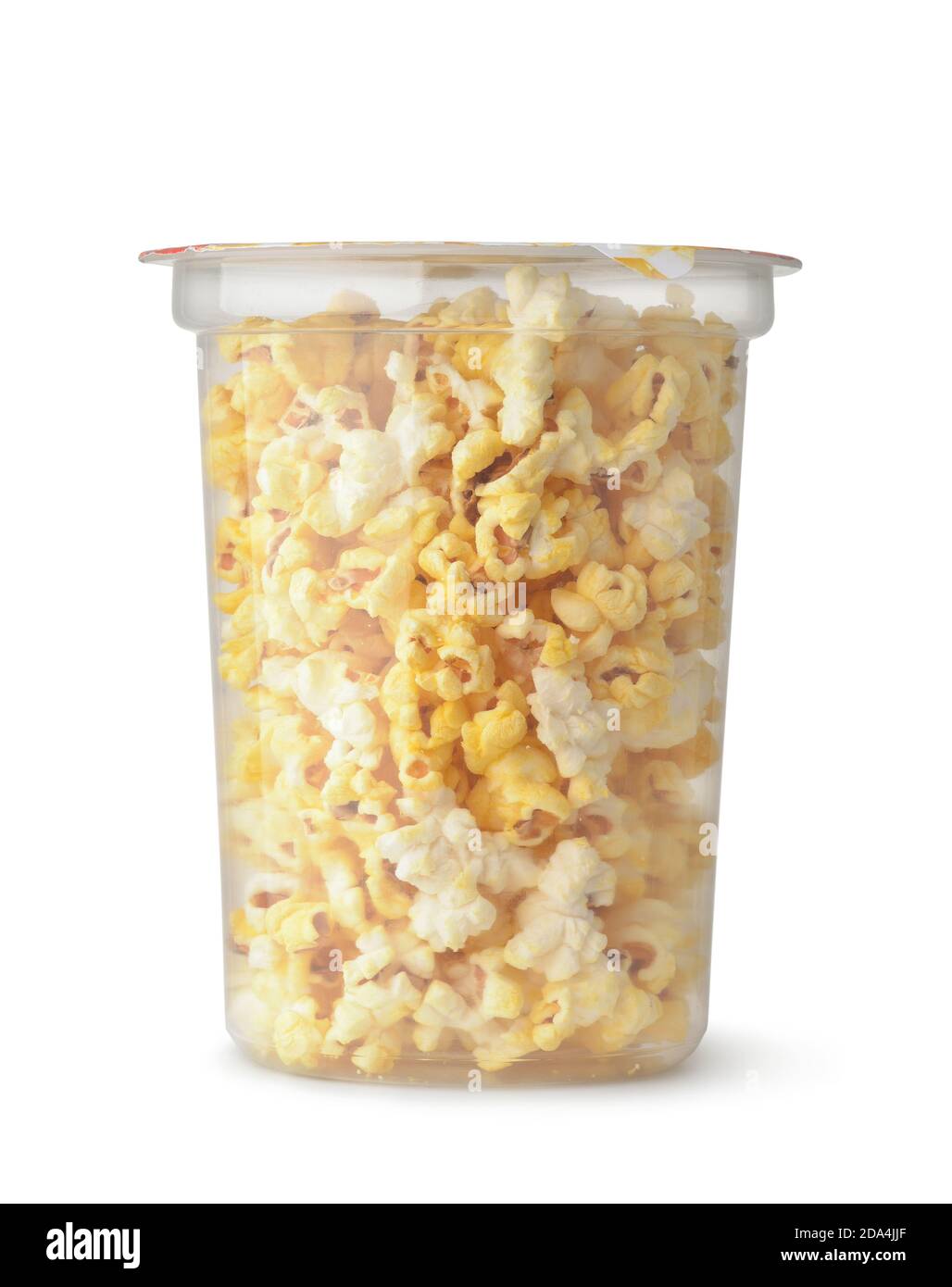 Front view of popcorn in clear plastic bucket isolated on white Stock ...