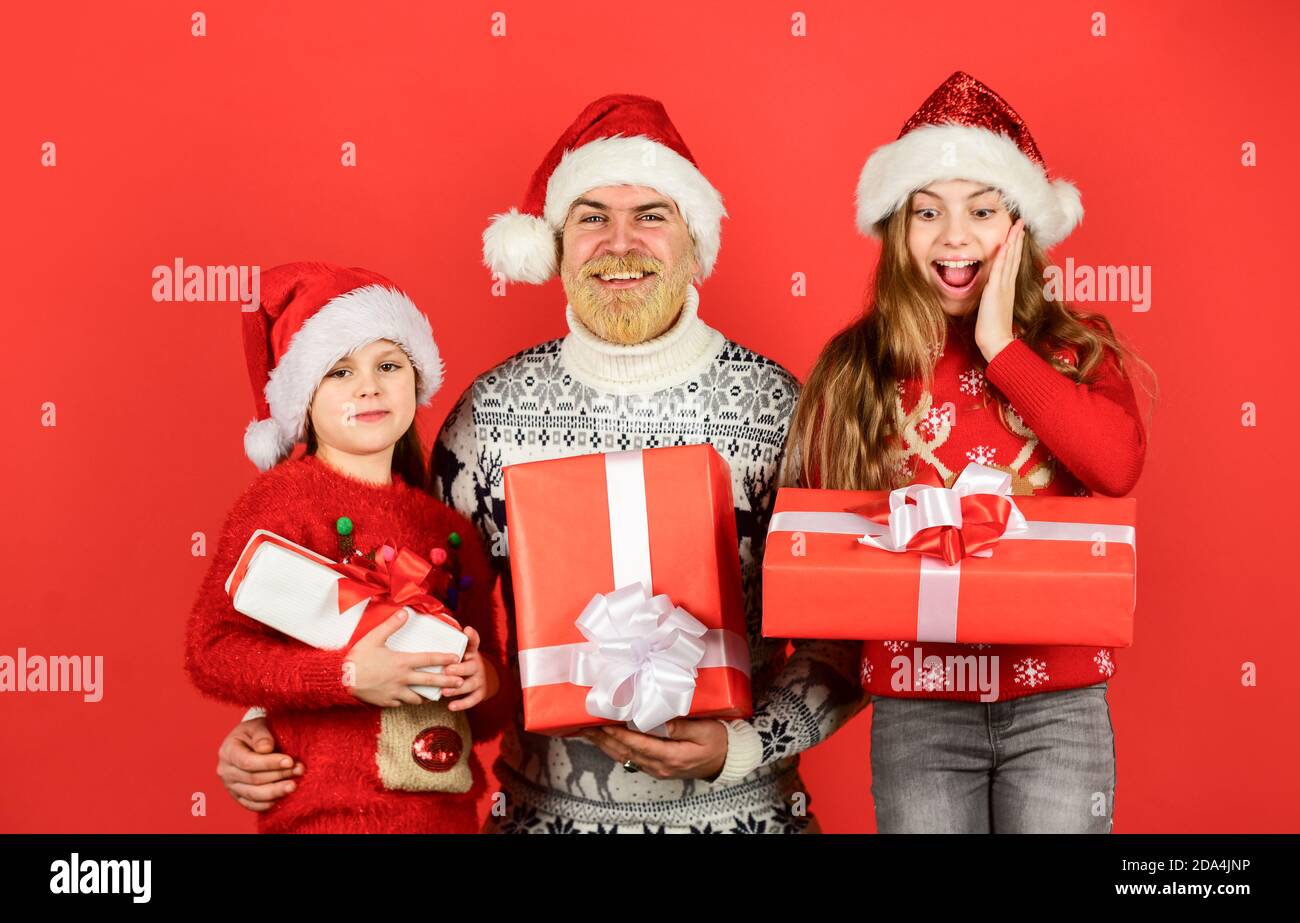 Dad kids having fun. Father and little daughters celebrate new year ...