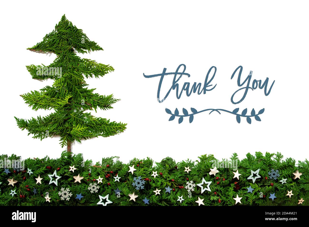 Christmas Tree, Blue Stars, Fir Branch, Text Thank You Stock Photo - Alamy