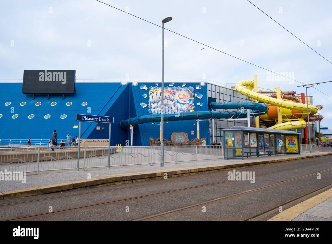 Pleasure beach tram stop with Sandcastle Water Park in Blackpool August ...
