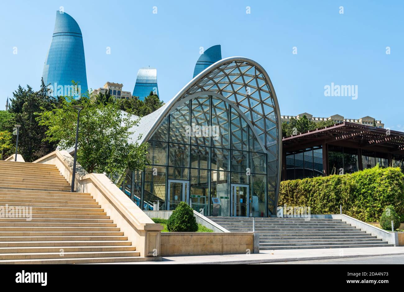 Baku, Azerbaijan – August 1, 2020. Lower terminal of Funicular railway ...
