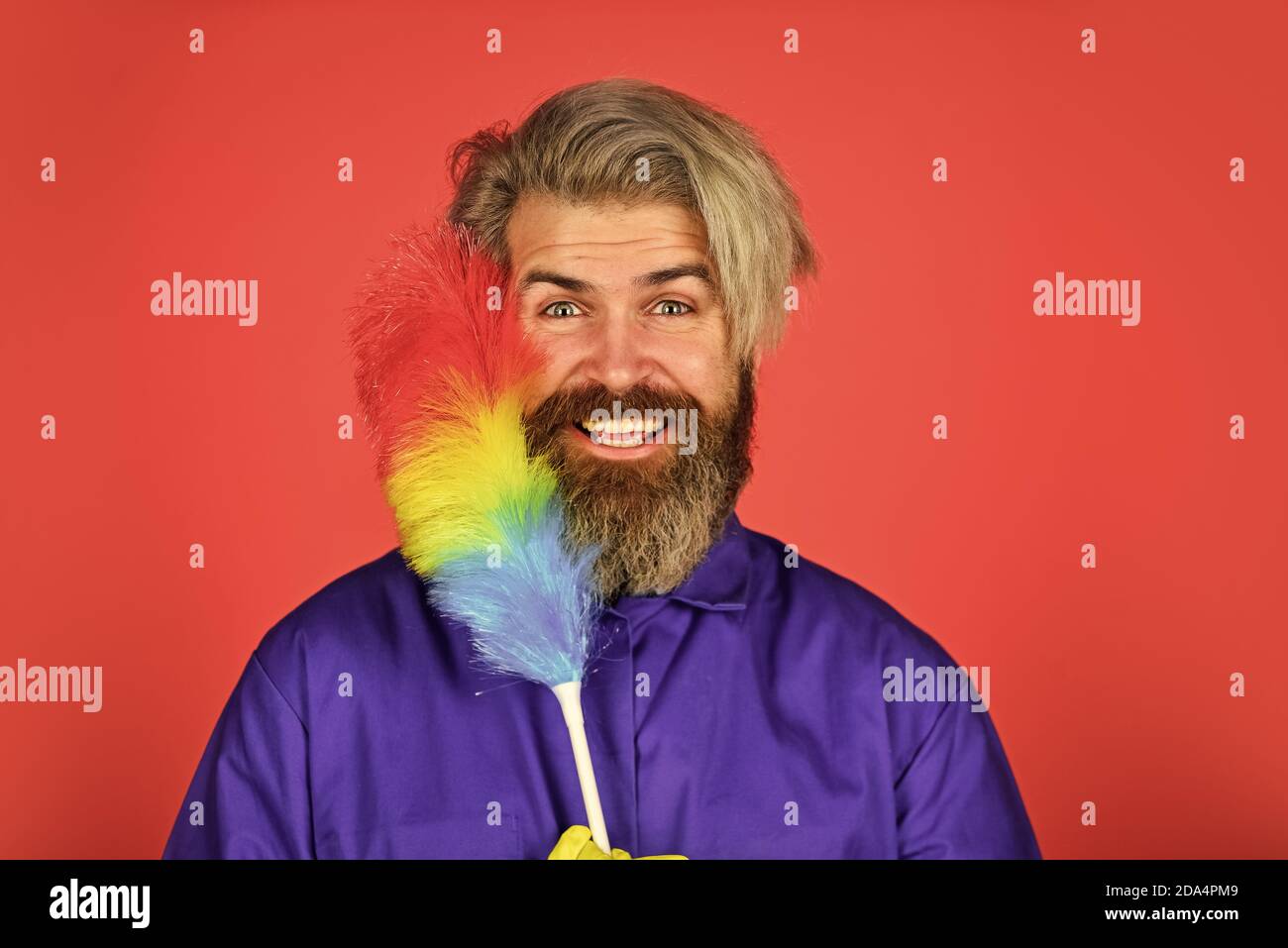 Cleaning apartment. Man use pp duster. Dust allergy. Polypropylene ...