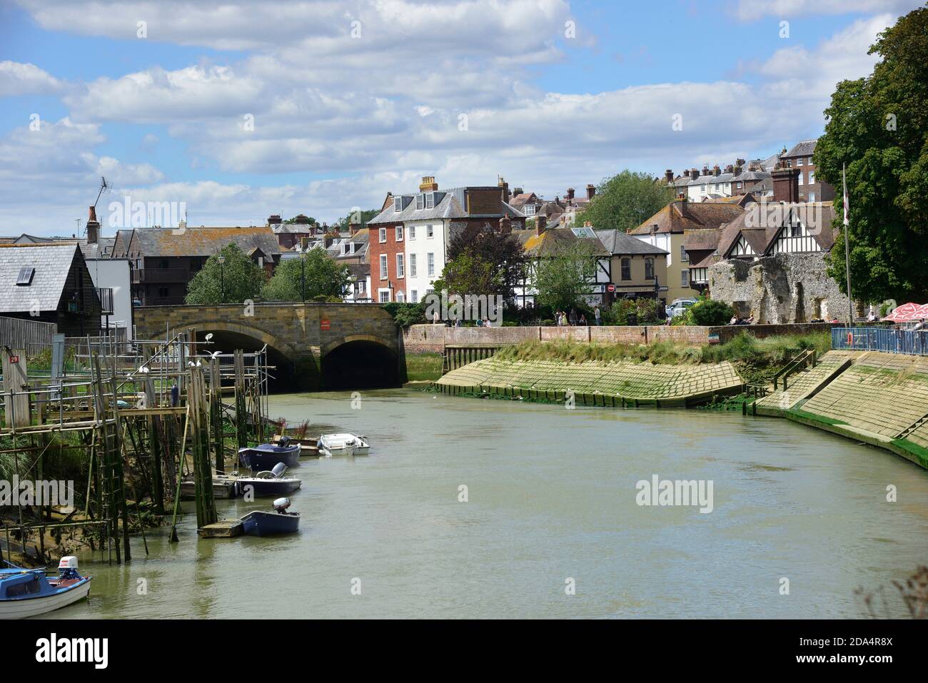The tidal River Arun showing boat moorings and the market town of ...