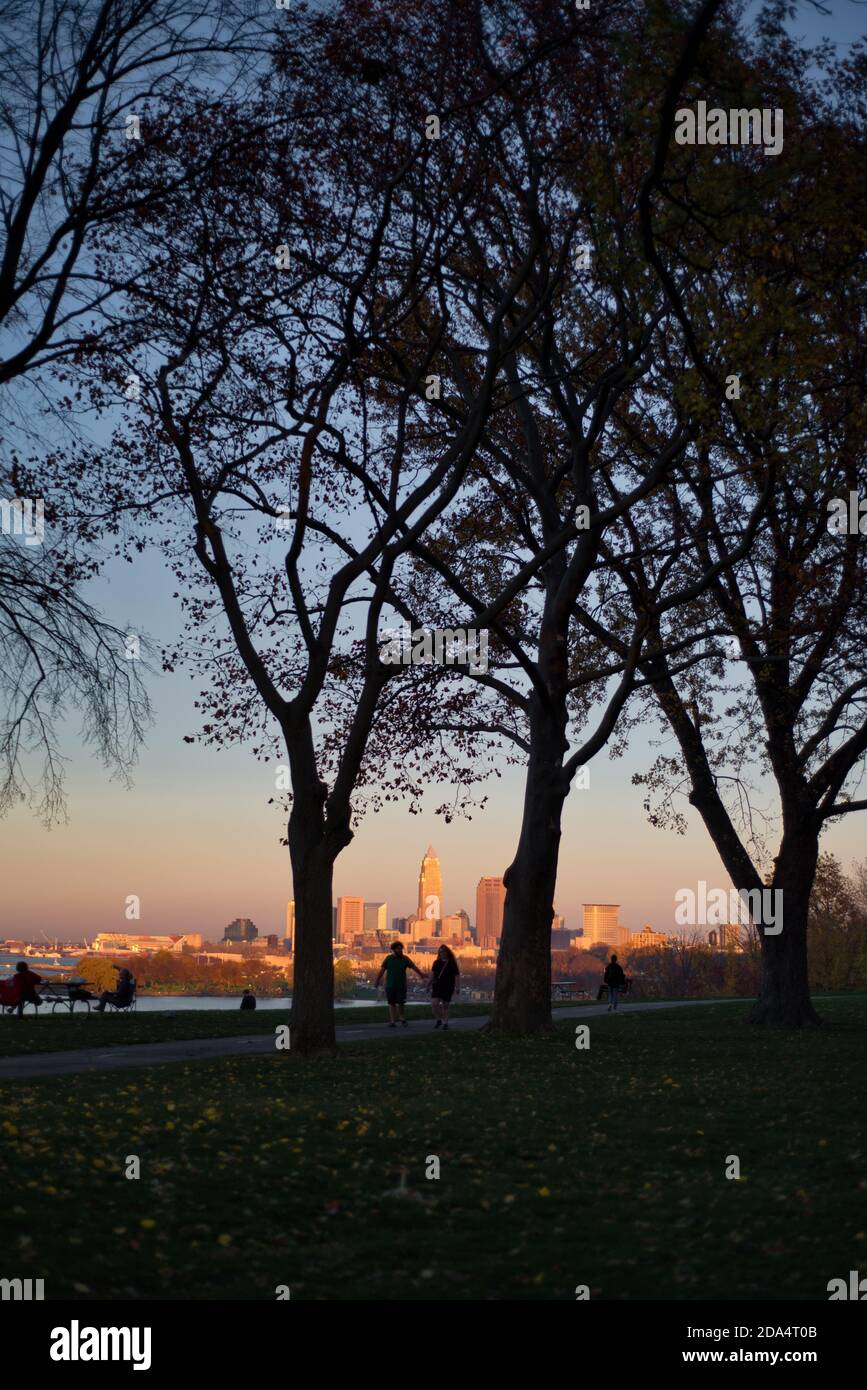 Cleveland skyline in fall at sunset Stock Photo - Alamy