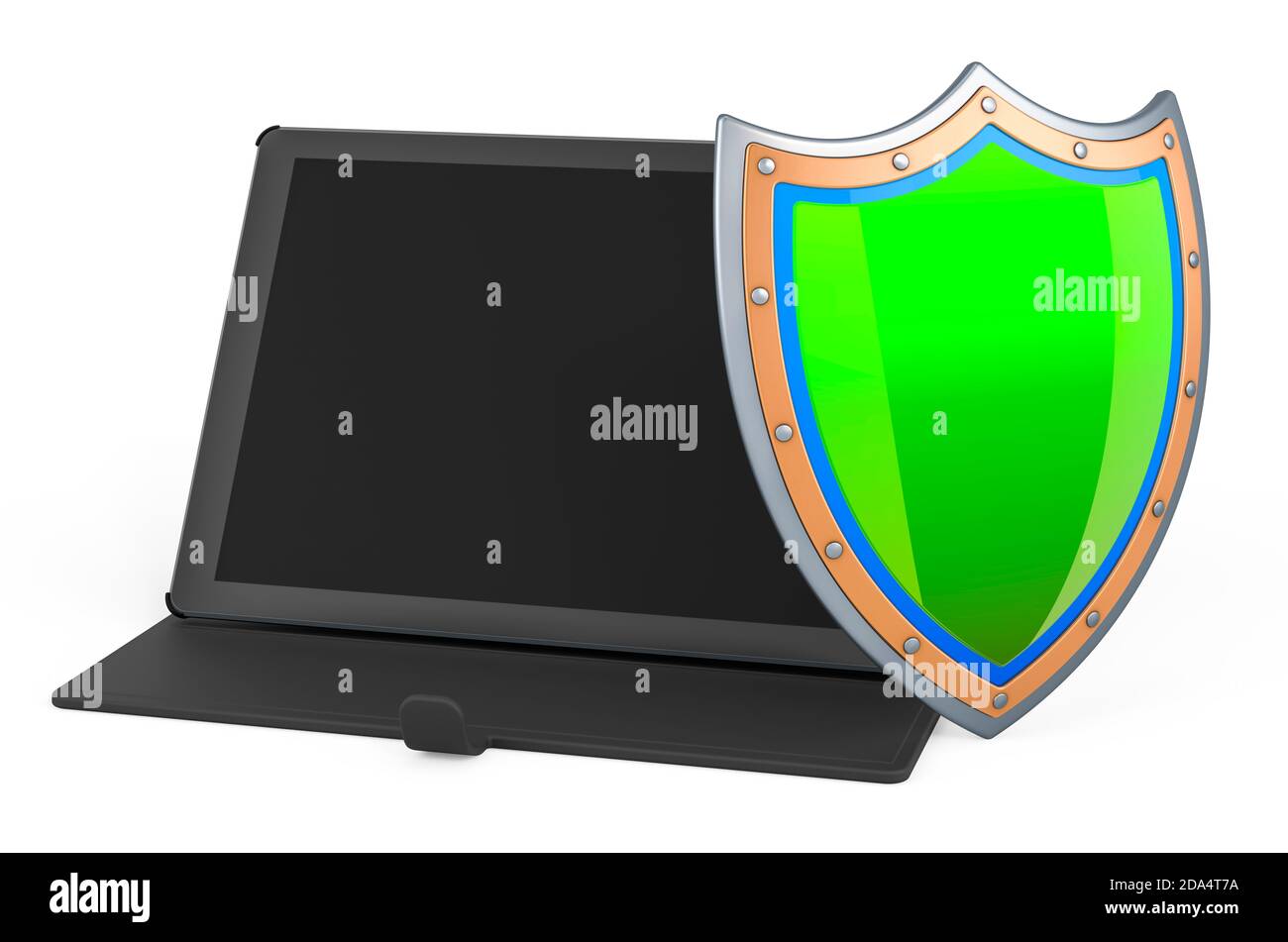 Tablet computer with shield, 3D rendering isolated on white background ...