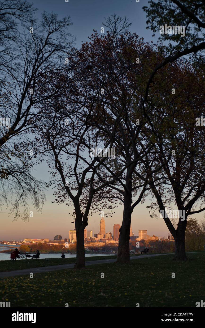 Cleveland skyline in fall at sunset Stock Photo - Alamy