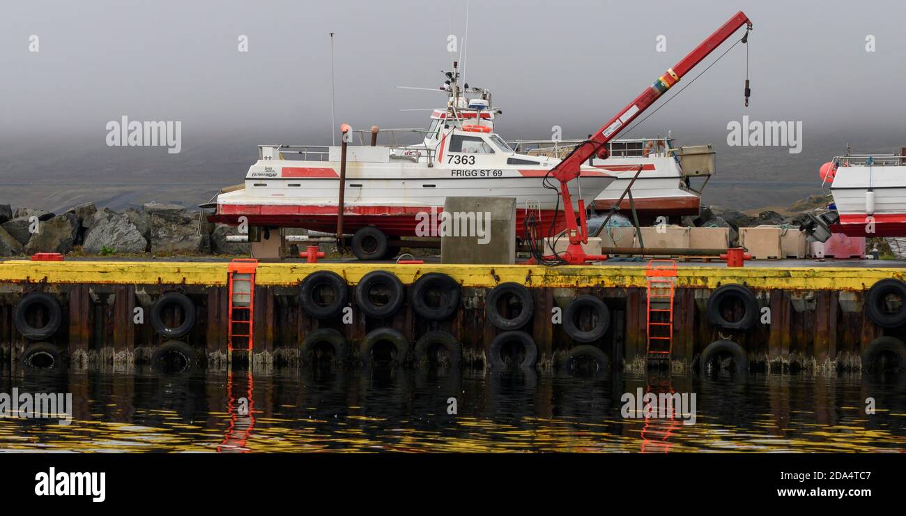 Boat on a dock, Holmavik, Strandabyggo, Westfjords Region, Iceland ...