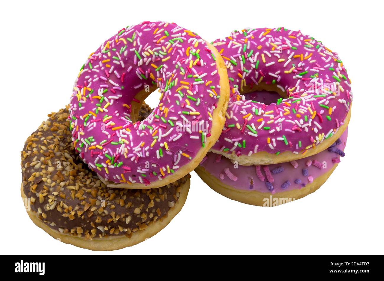chocolate and berry doughnut, walnut donut on a white background, pink ...