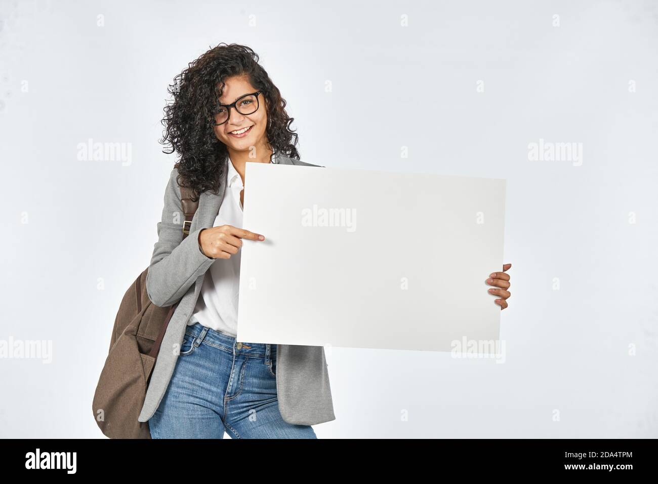 Spanish college student with white poster ready to study Stock Photo ...