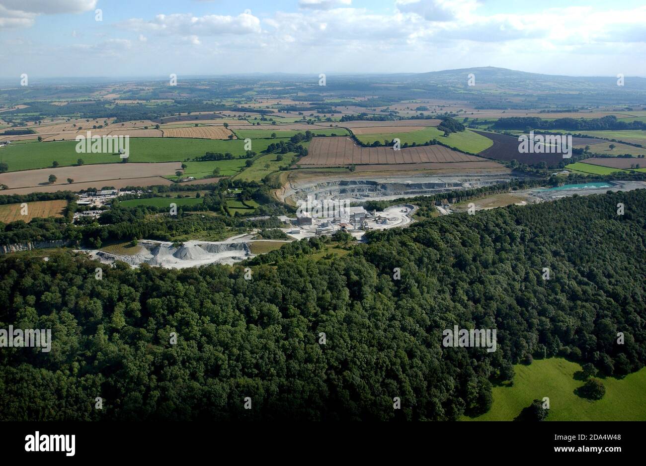 Aerial view of Wenlock Edge and quarry in Shropshire England Uk 2009 ...