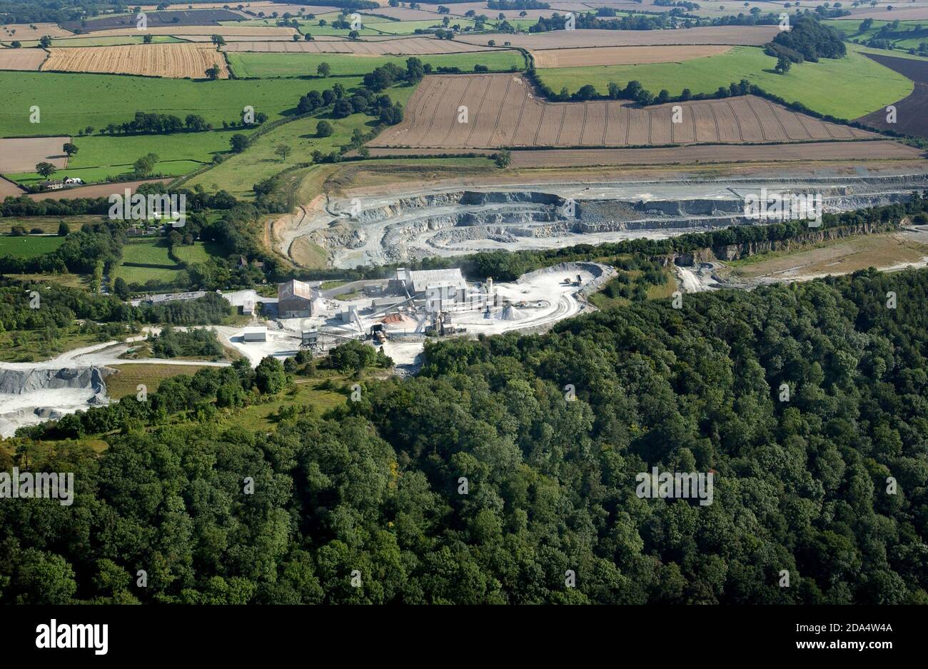 Aerial view of Wenlock Edge and quarry in Shropshire England Uk 2009 ...