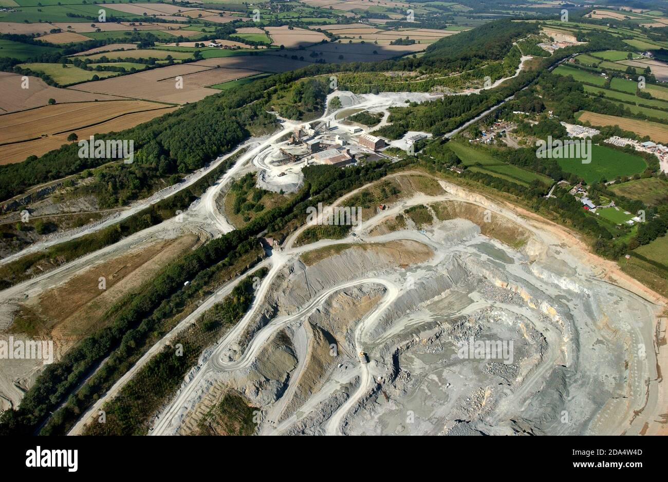 Aerial view of Wenlock Edge and quarry in Shropshire England Uk 2009 ...