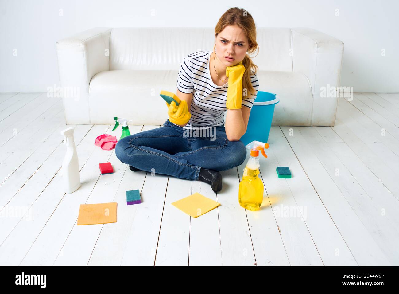 Cleaning lady at home interior housewife rendering service detergent ...