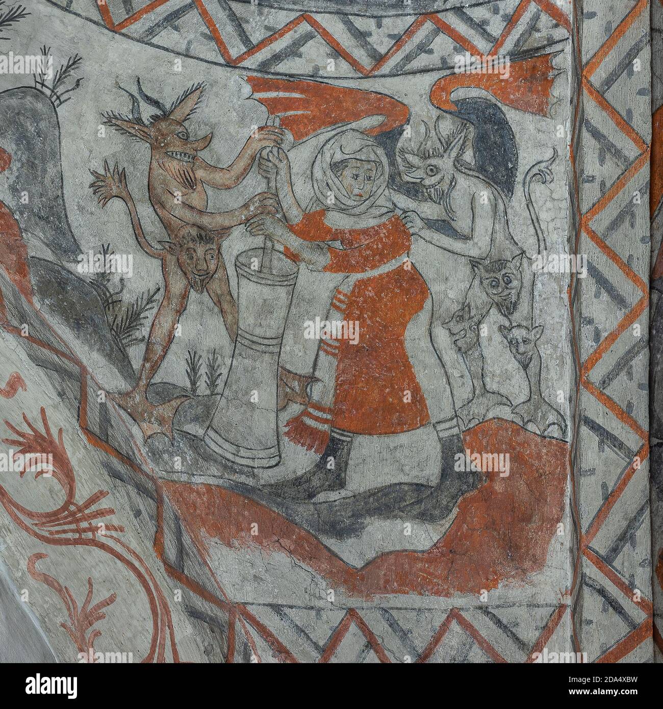 Woman churning butter with two ugly devils in an ancient wall-painting ...