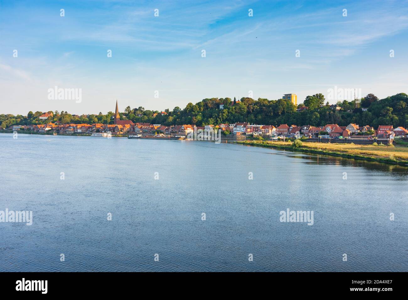 Lauenburg/Elbe: river Elbe, old town Lauenburg, church Maria-Magdalenen ...