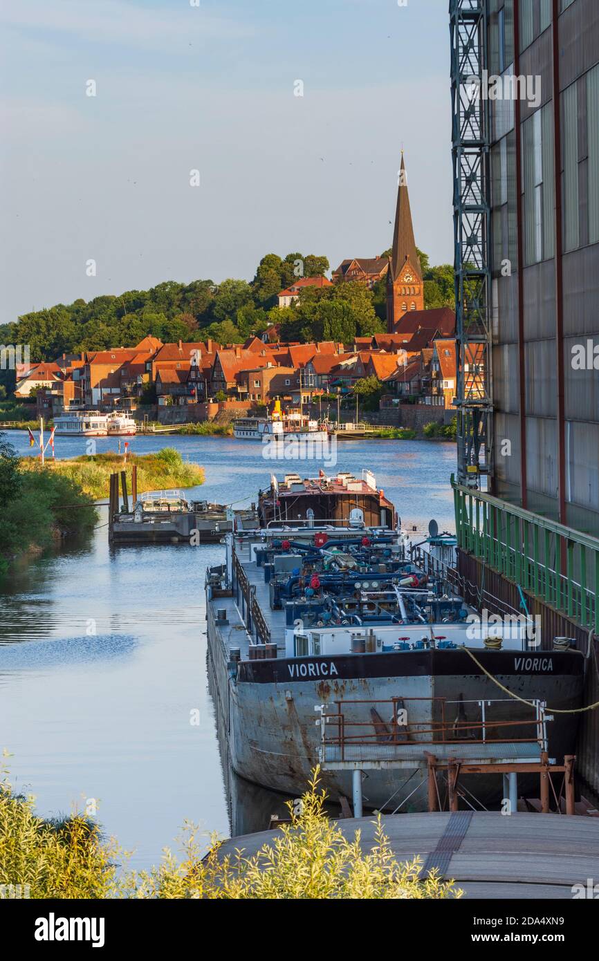 Lauenburg/Elbe: river Elbe, shipyard Hitzler Werft, old town Lauenburg ...