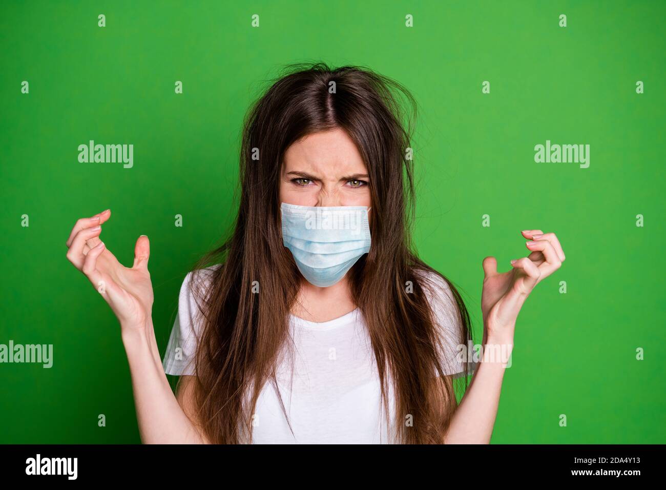 Photo of beautiful angry girl wear facial mask casual outfit have hair ...