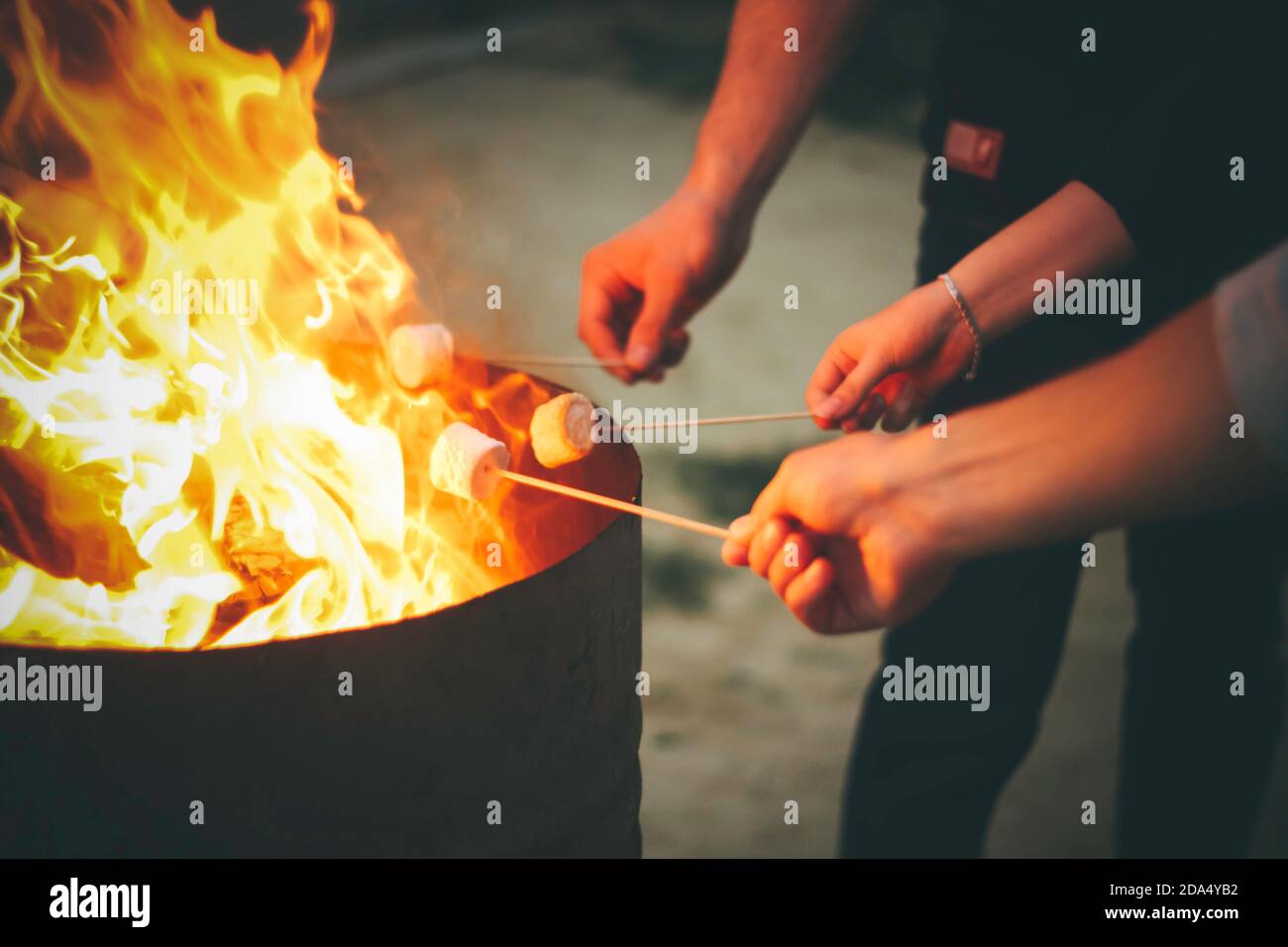 Human hands holding sticks for open fire marshmallow roasting at night ...