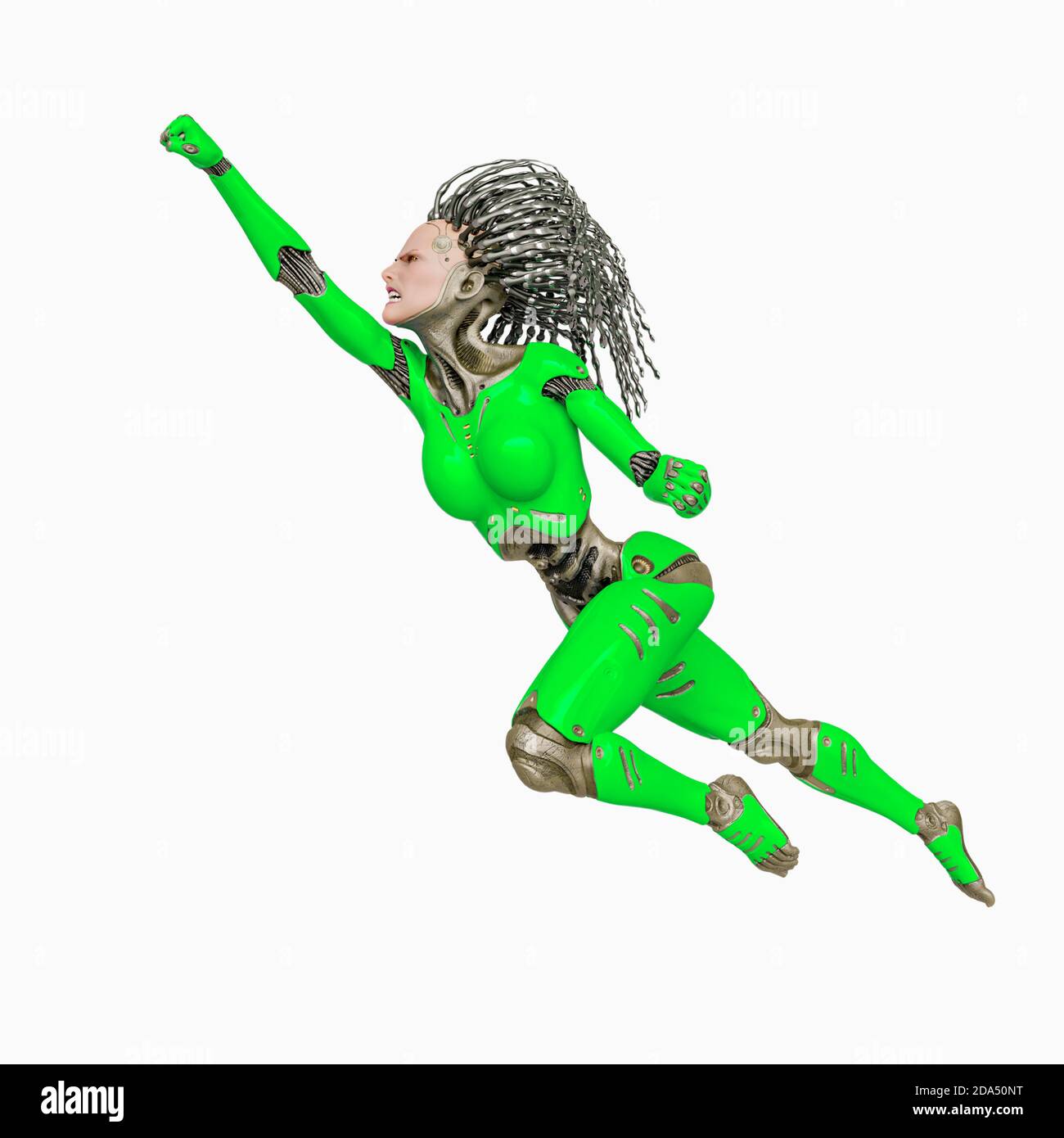 super cyborg is flying up ery fast side view, 3d illustration Stock ...