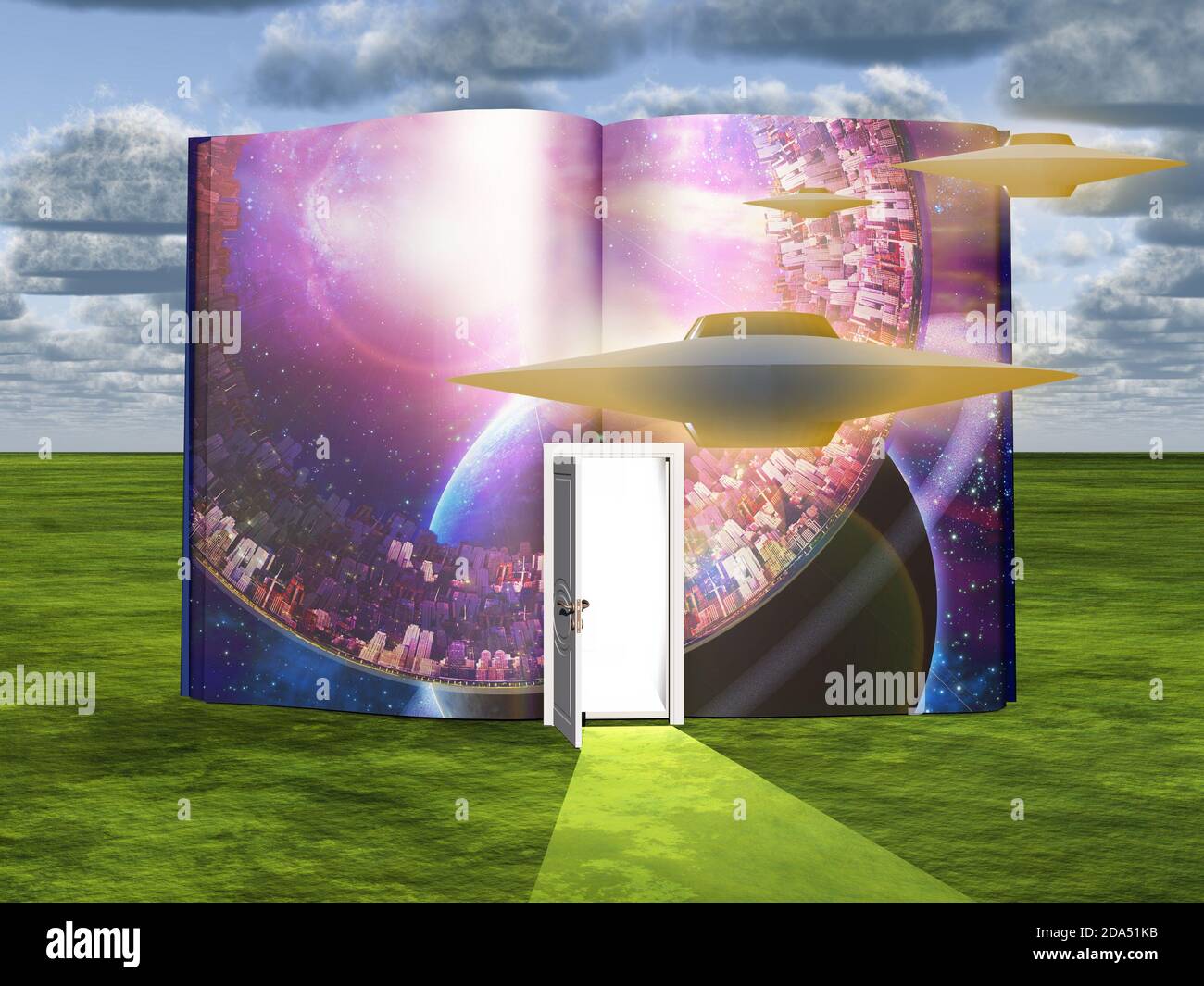 Surrealism. Book with opened door and flying saucers. 3D rendering ...