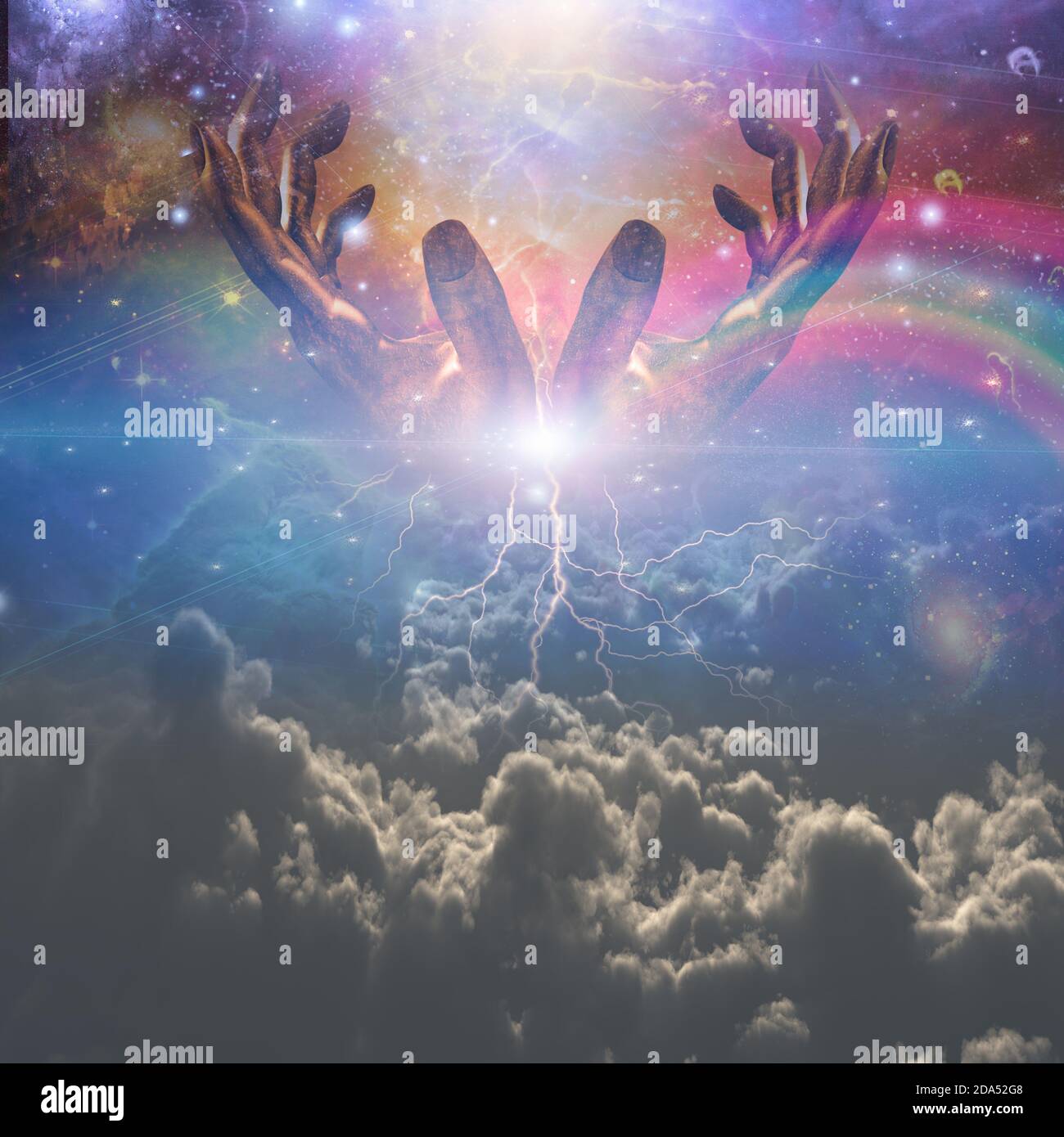 Surrealism. Hands of God in the sky. 3D rendering Stock Photo - Alamy