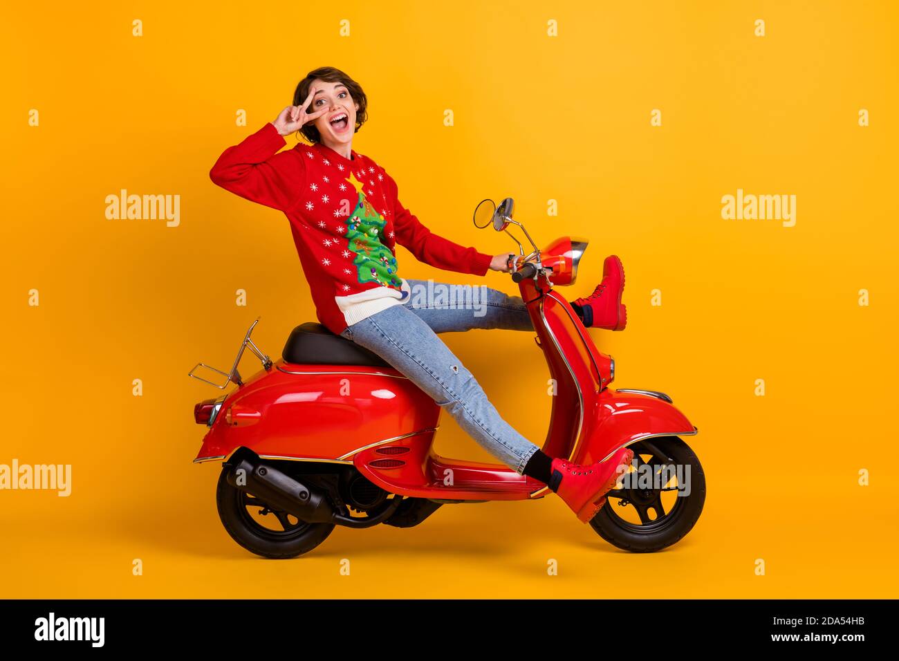 Full Body Profile Side Photo Of Amazed Girl Drive Motor Bike X Mas Eve