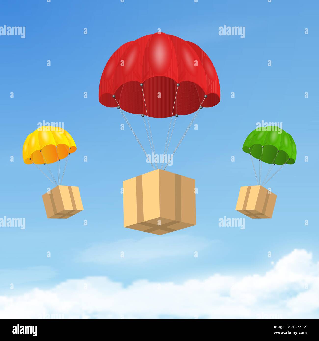Vector 3d Realistic Red Flying Parachutes with Paper Cardboard Boxes on ...