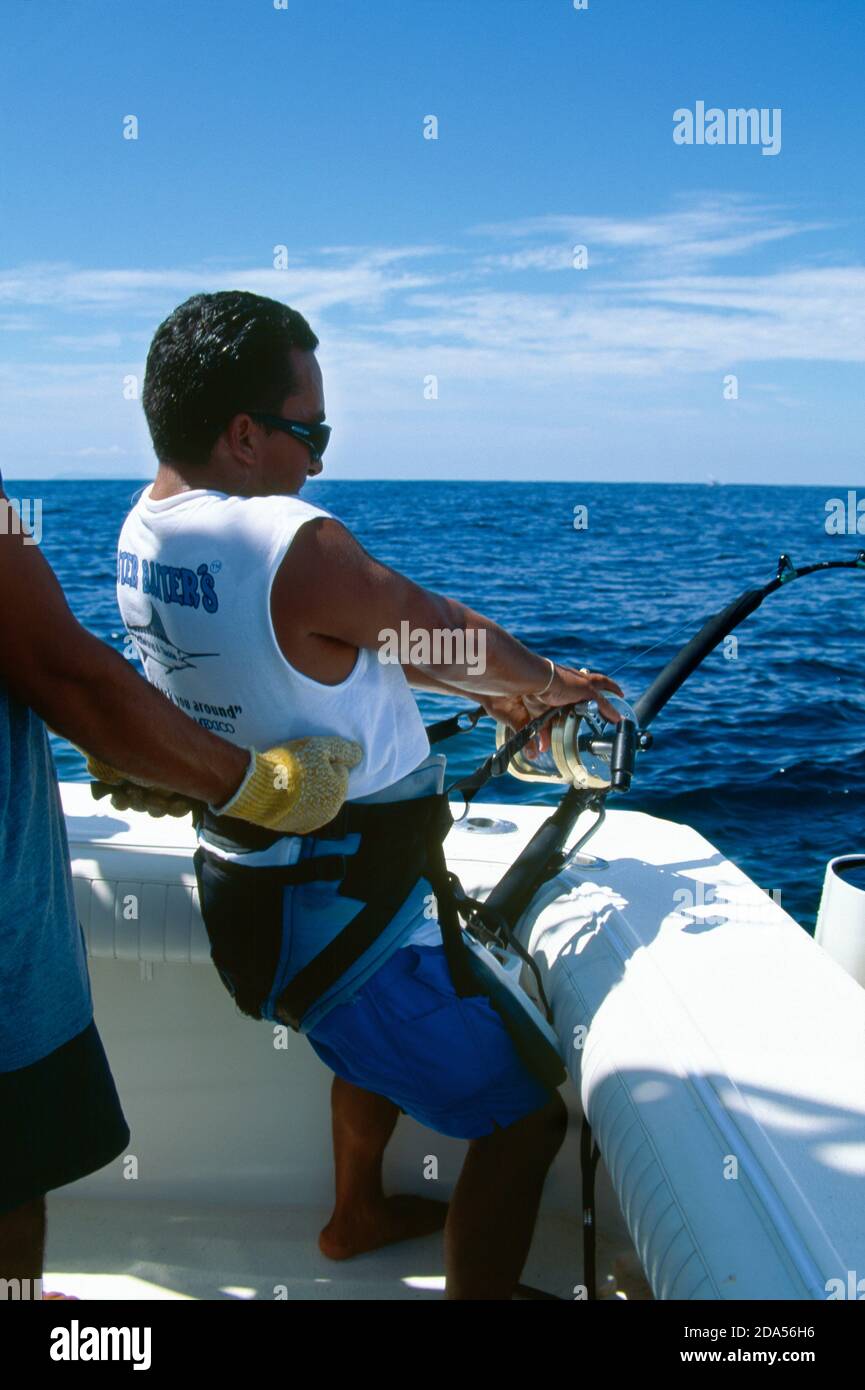 MAN FIGHTING GIANT TUNA ON BOAT OFF COAST OF PUERTO VALLARTA, MEXICO ...