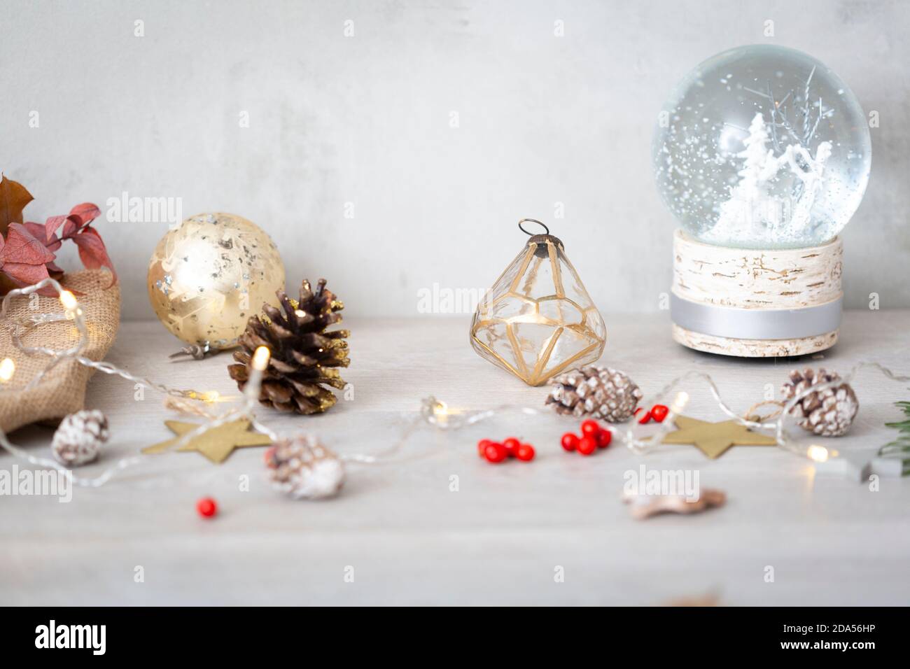 Christmas decorations, close up of Christmas decorations and snow globe ...