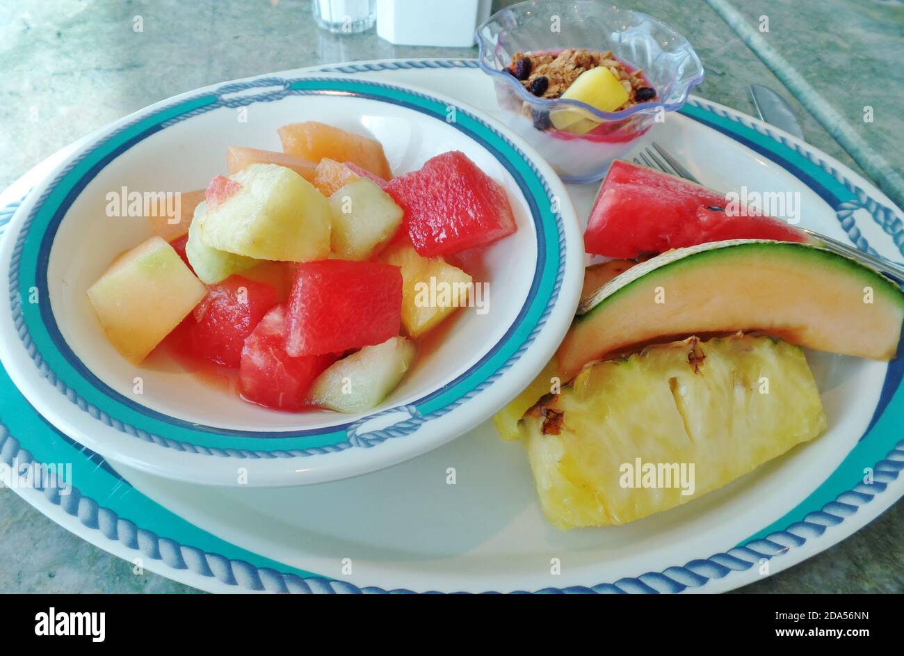 Healthy breakfast melon chunks Stock Photo - Alamy