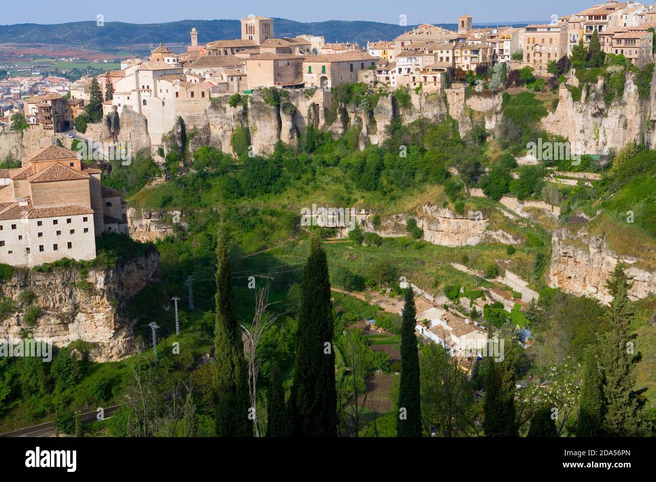 Hanging Houses on the cliffs above the Huecar River gorge, in Cuenca, a ...