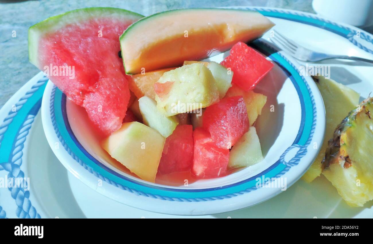 Healthy breakfast melon chunks Stock Photo - Alamy