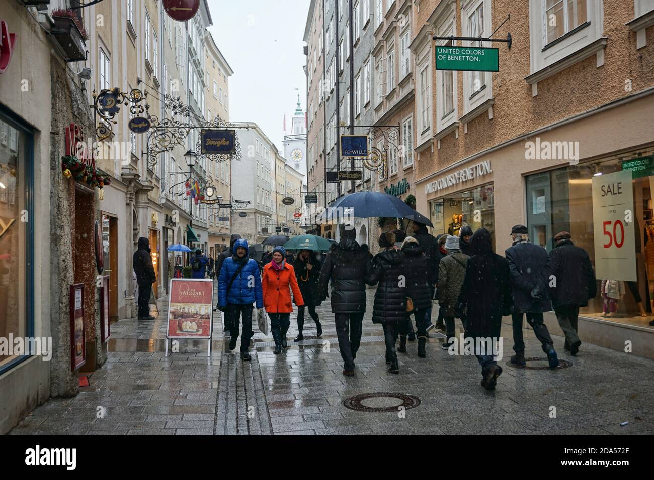 Salzburg, Austria - February 2018: Getreidegasse street, main shopping ...