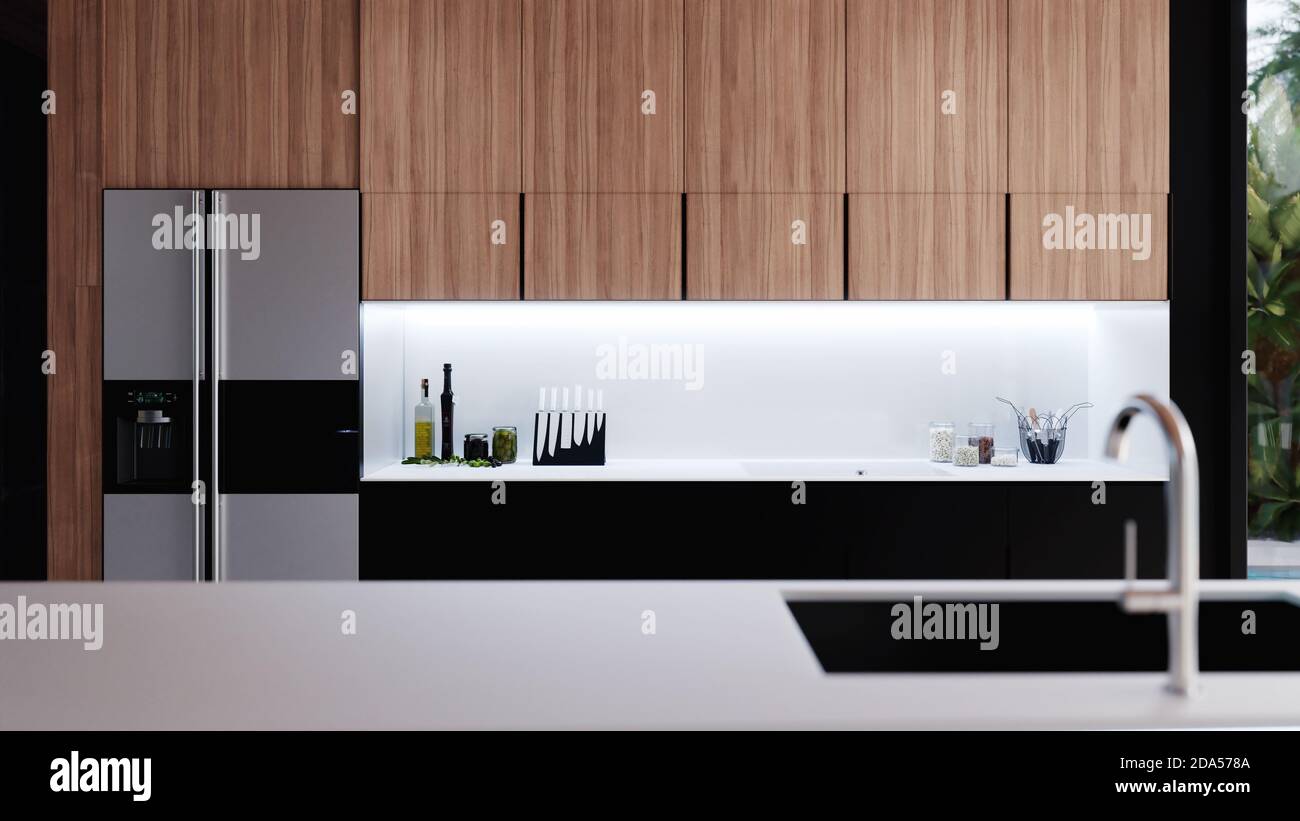 Modern kitchen front view, architecture interior design, 3D ...