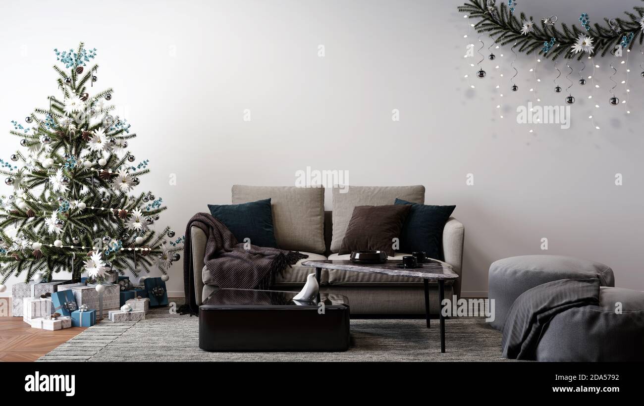 christmas tree next to sofa and poufs, christmas decorated living room ...