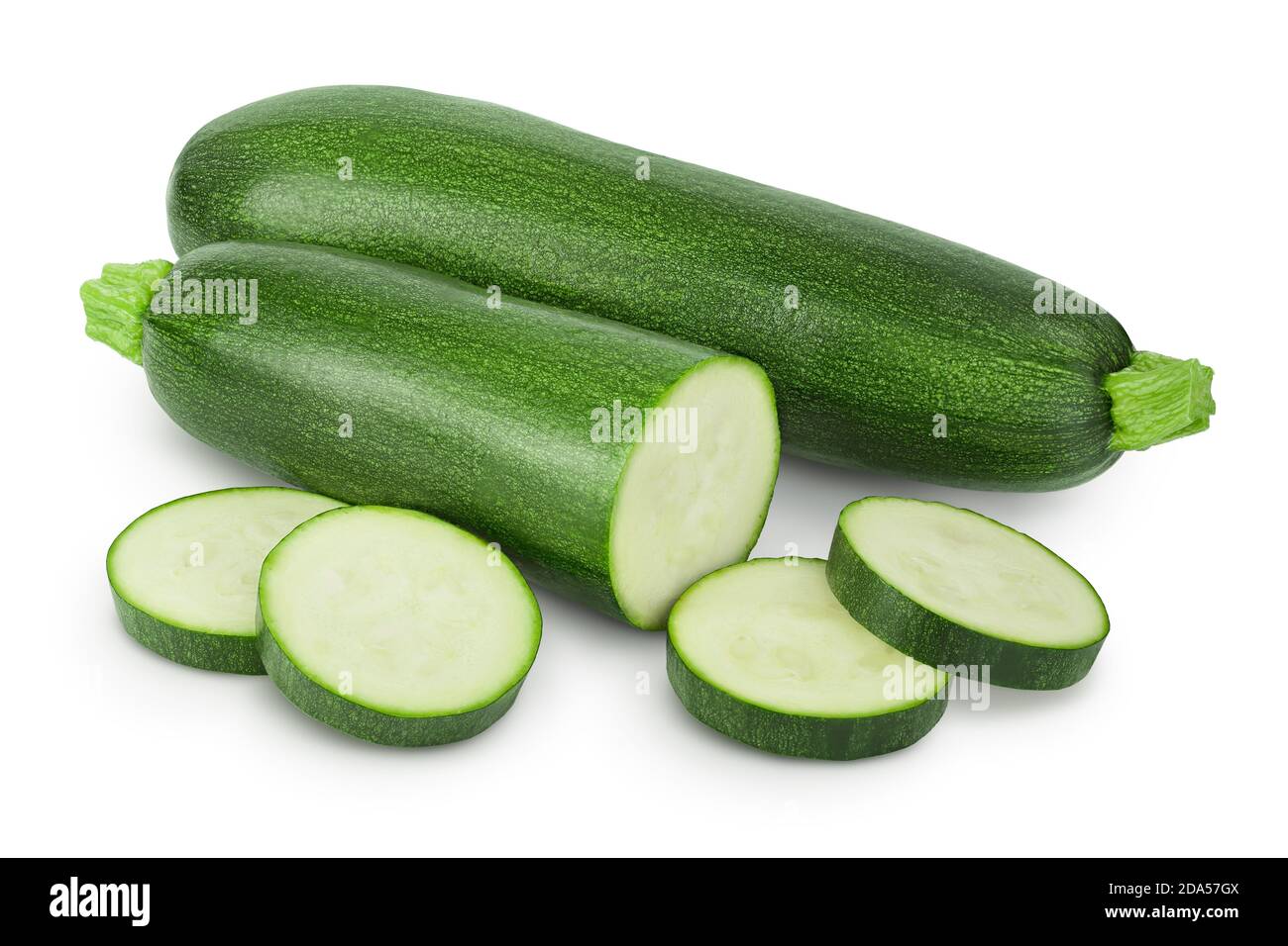 Fresh whole and sliced zucchini isolated on white background with ...