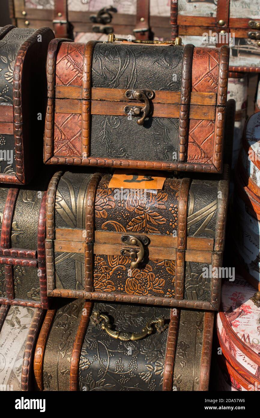 Set of wooden boxes of light brown color Stock Photo - Alamy